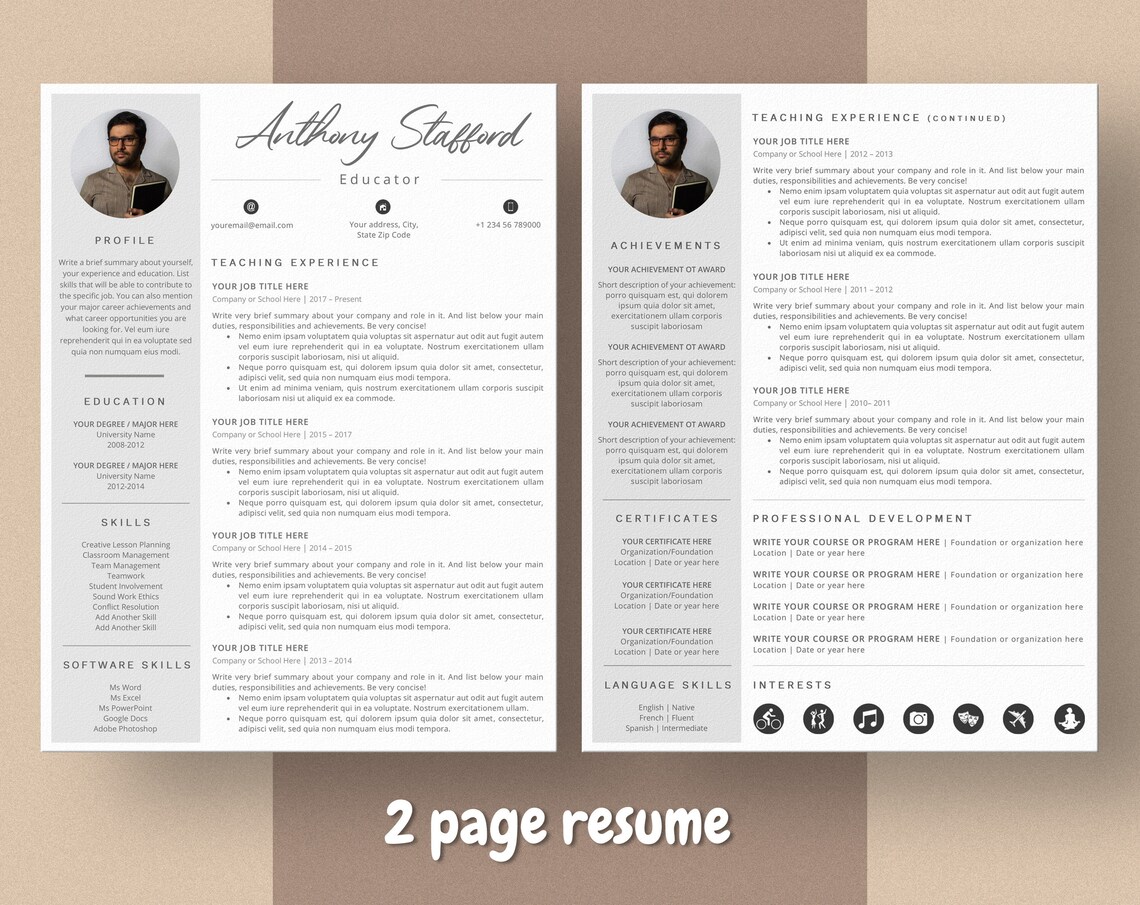 Teacher Resume Template With Photo, Educator CV for Ms Word & Mac Pages ...