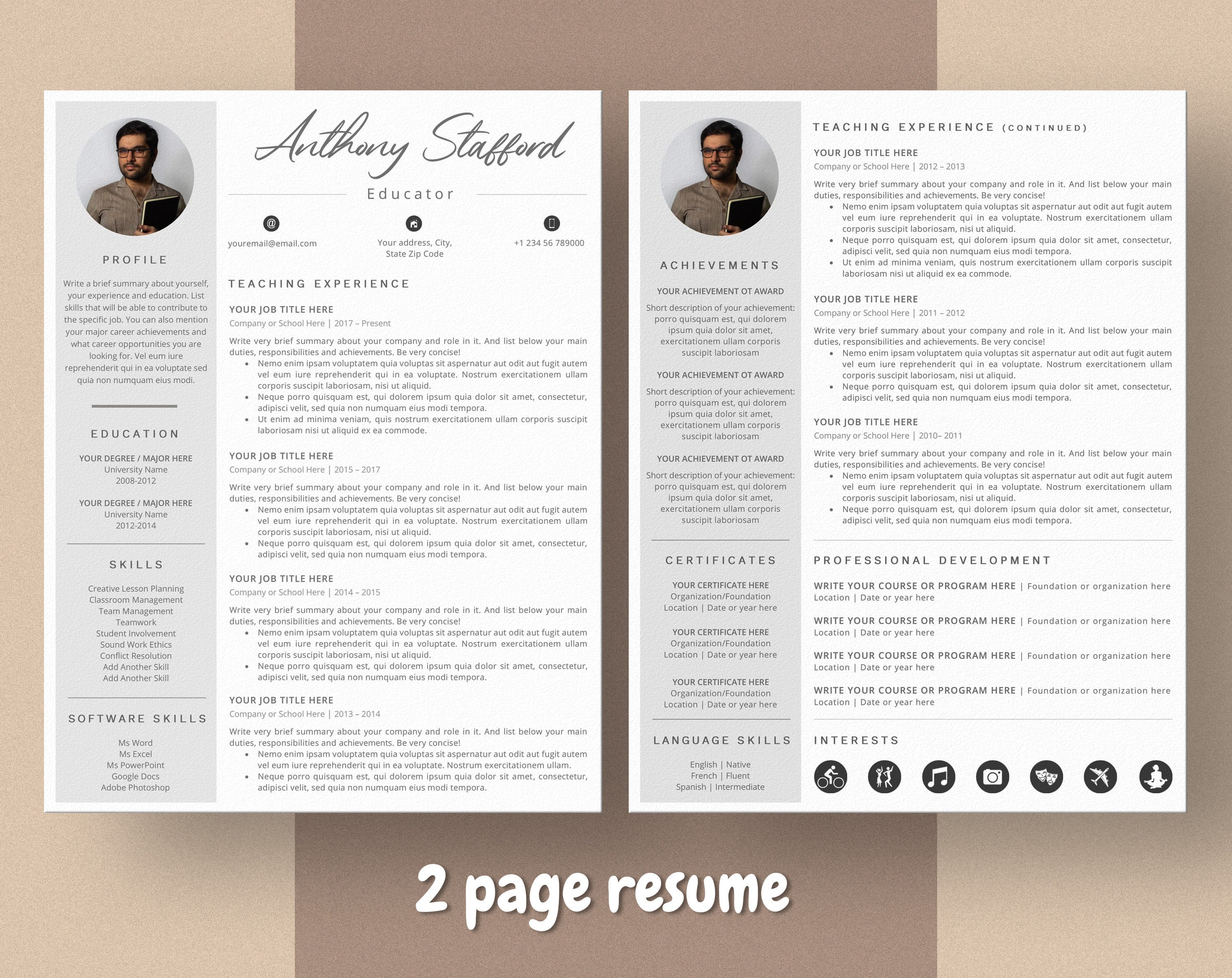 Teacher Resume Template With Photo, Educator CV for Ms Word & Mac Pages ...