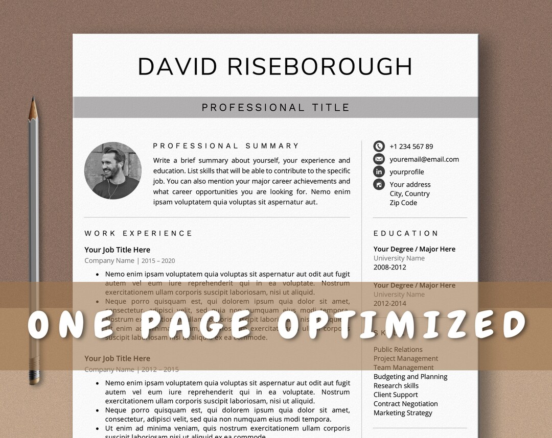 One Page Resume Template, Professional 1 Page CV Template, Minimalist ...