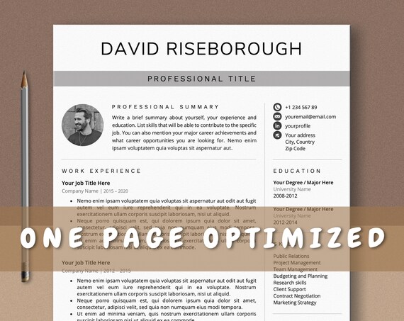 One Page Resume Template Professional 1 Page CV Template | Etsy