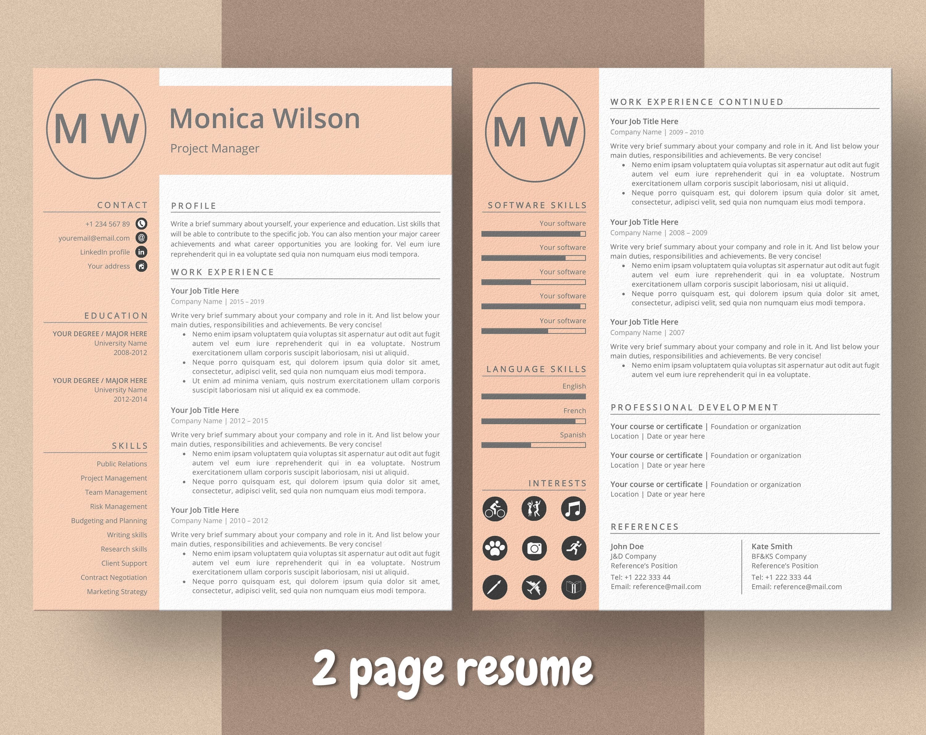 Resume Template, One Page & Two Page Versions, CV Template, CV Design ...