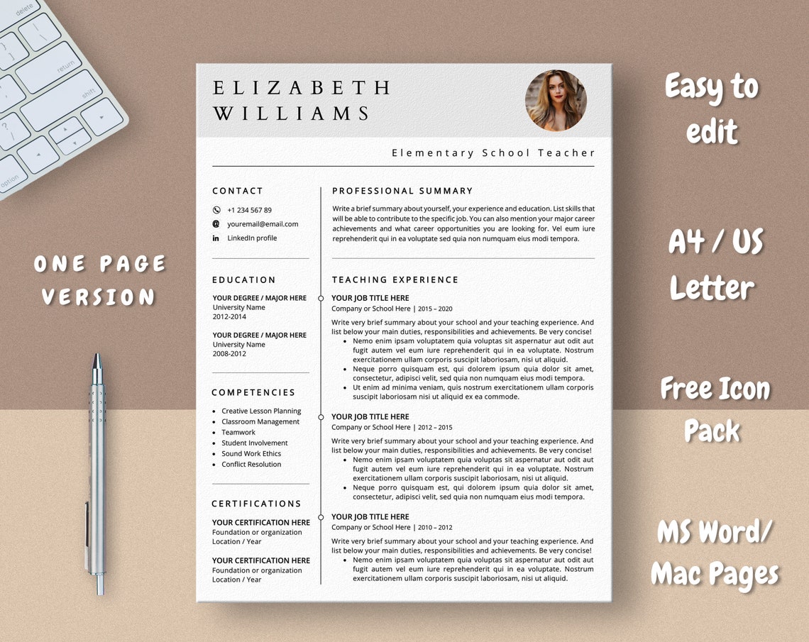 Teacher Resume Template Ms Word & Mac Pages, Teaching CV, Educator ...