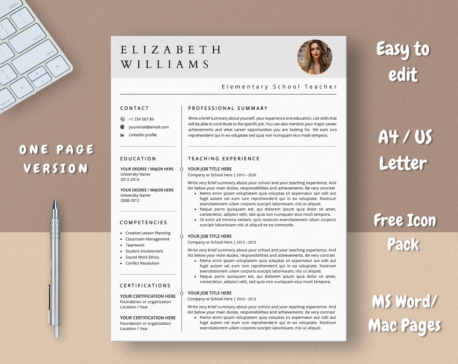 Teacher Resume Template Ms Word & Mac Pages, Teaching CV, Educator ...