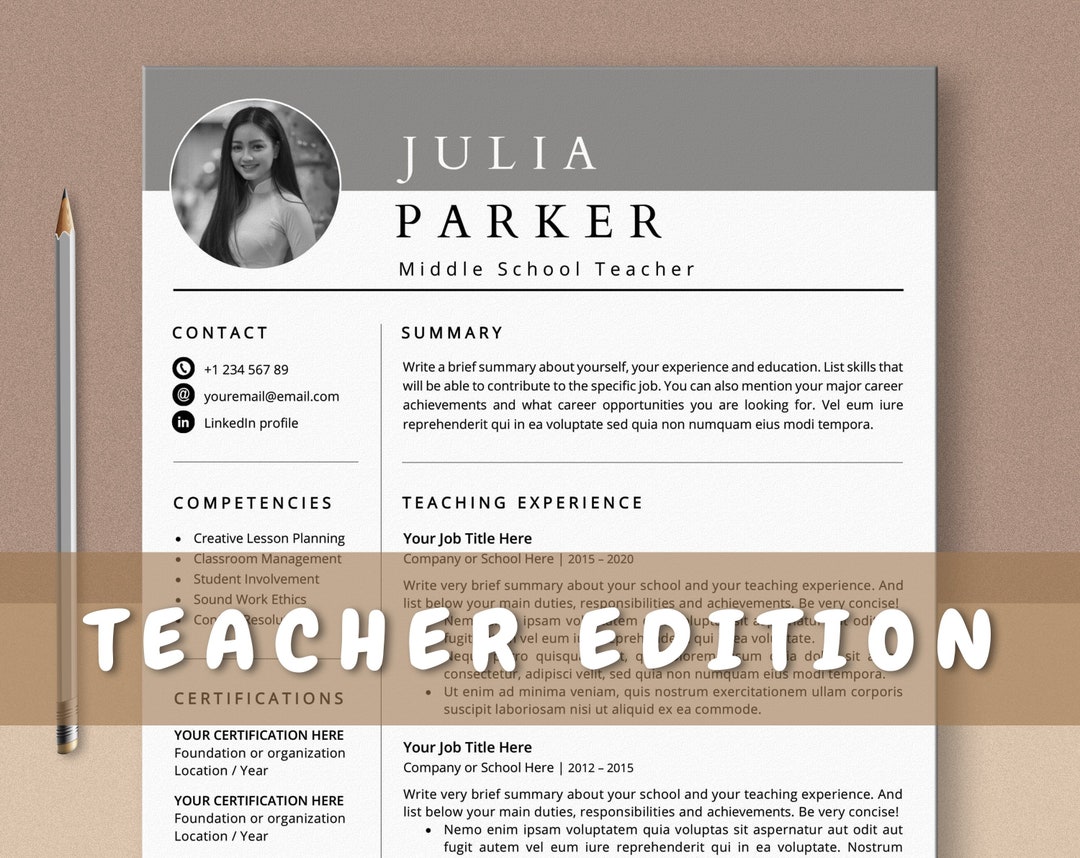Teacher Resume and Cover Letter Template, Teacher CV Template, Teaching ...