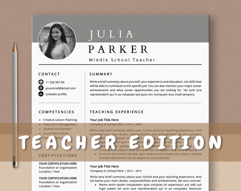 Teacher Resume and Cover Letter Template, Teacher CV Template, Teaching ...