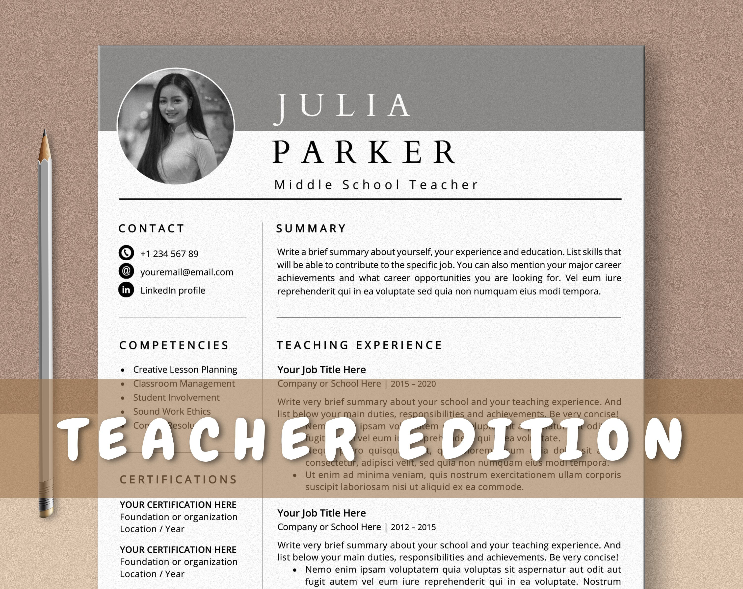 Teacher Resume and Cover Letter Template, Teacher CV Template, Teaching ...