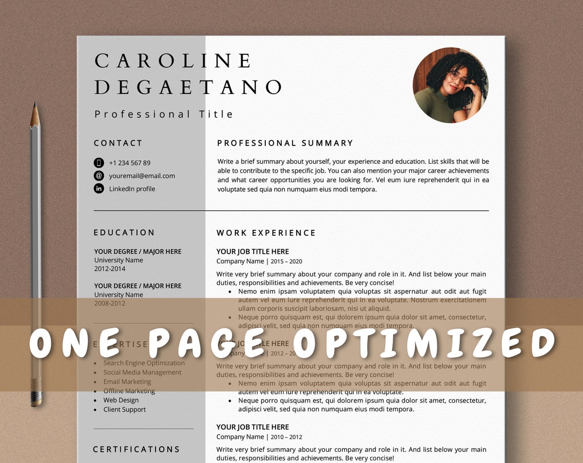 Optimized One Page Resume Template 1 Page CV Template - Etsy