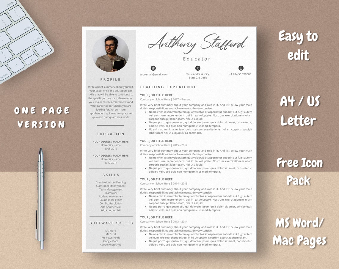 Teacher Resume Template With Photo, Educator CV for Ms Word & Mac Pages ...