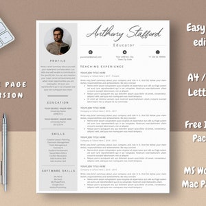Teacher Resume Template With Photo, Educator CV for Ms Word & Mac Pages ...