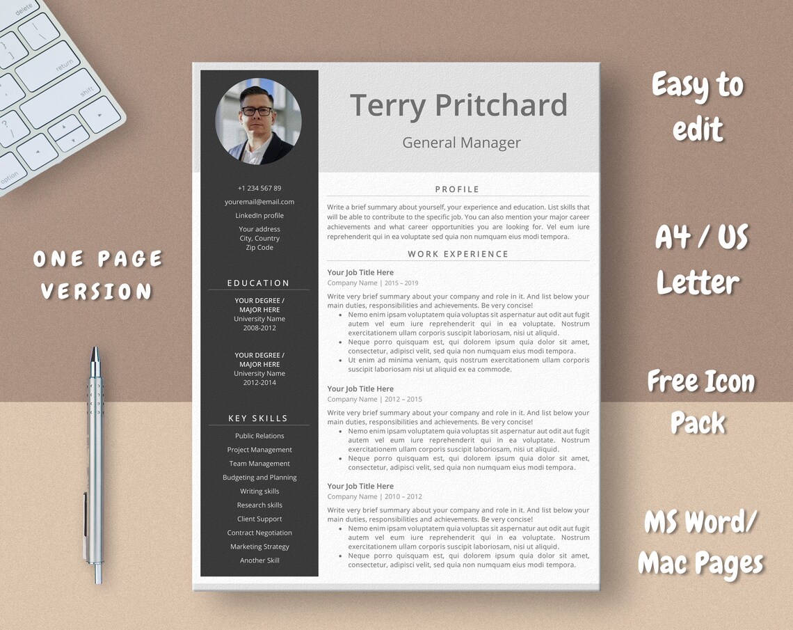 Resume Template Word, Professional CV Template Pages, Resume and Cover ...