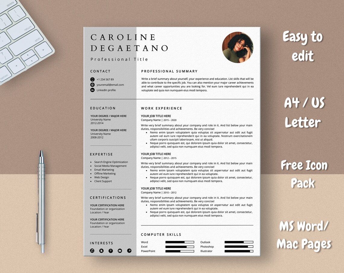 Optimized One Page Resume Template 1 Page CV Template - Etsy