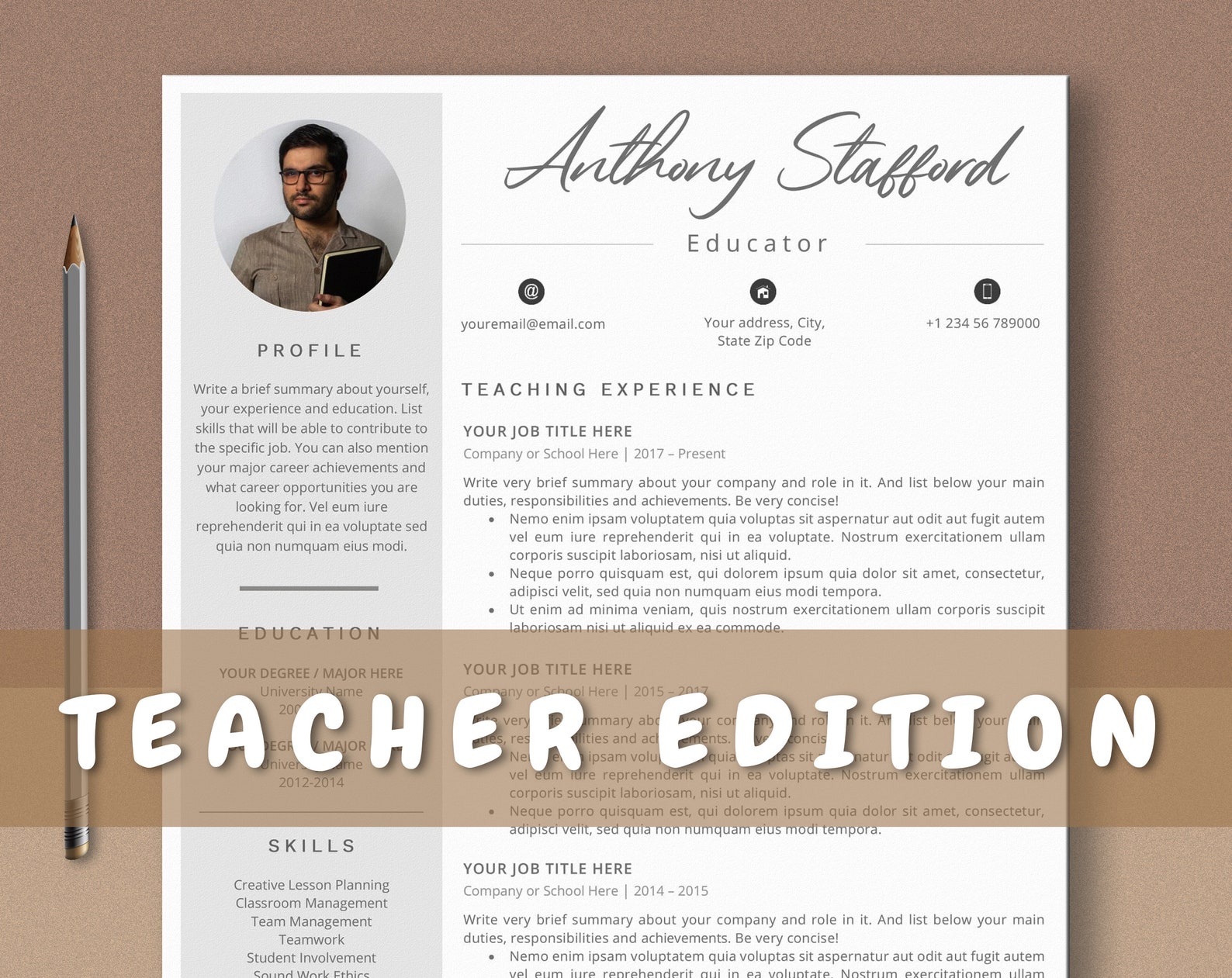 Teacher Resume Template With Photo, Educator CV for Ms Word & Mac Pages ...