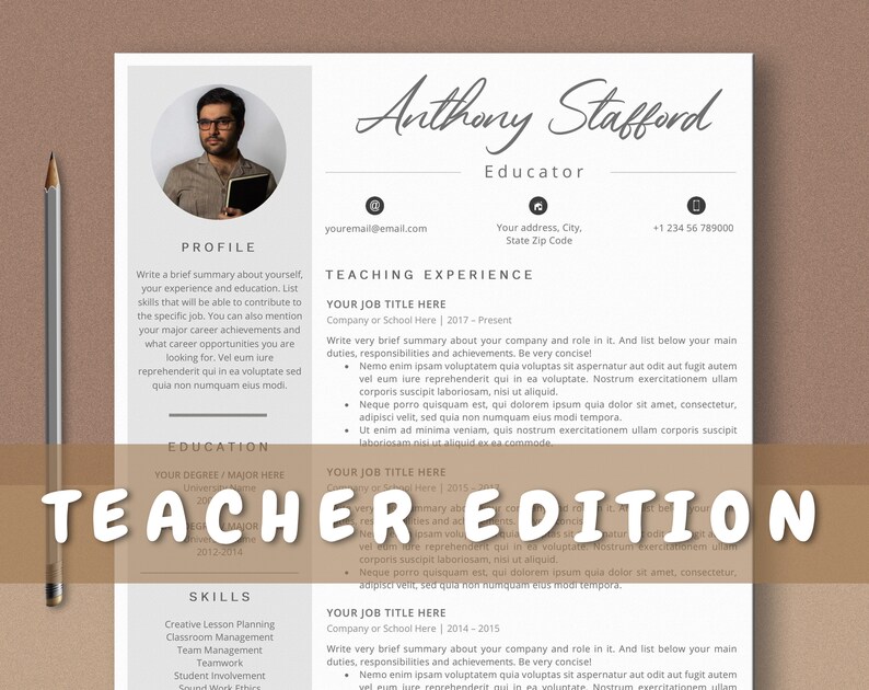 Teacher Resume Template With Photo, Educator CV for Ms Word & Mac Pages ...