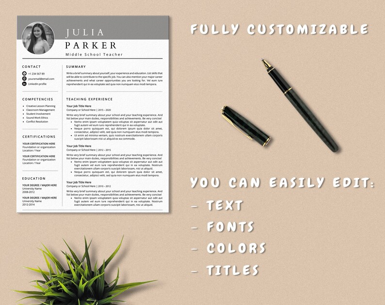 Teacher Resume and Cover Letter Template, Teacher CV Template, Teaching ...