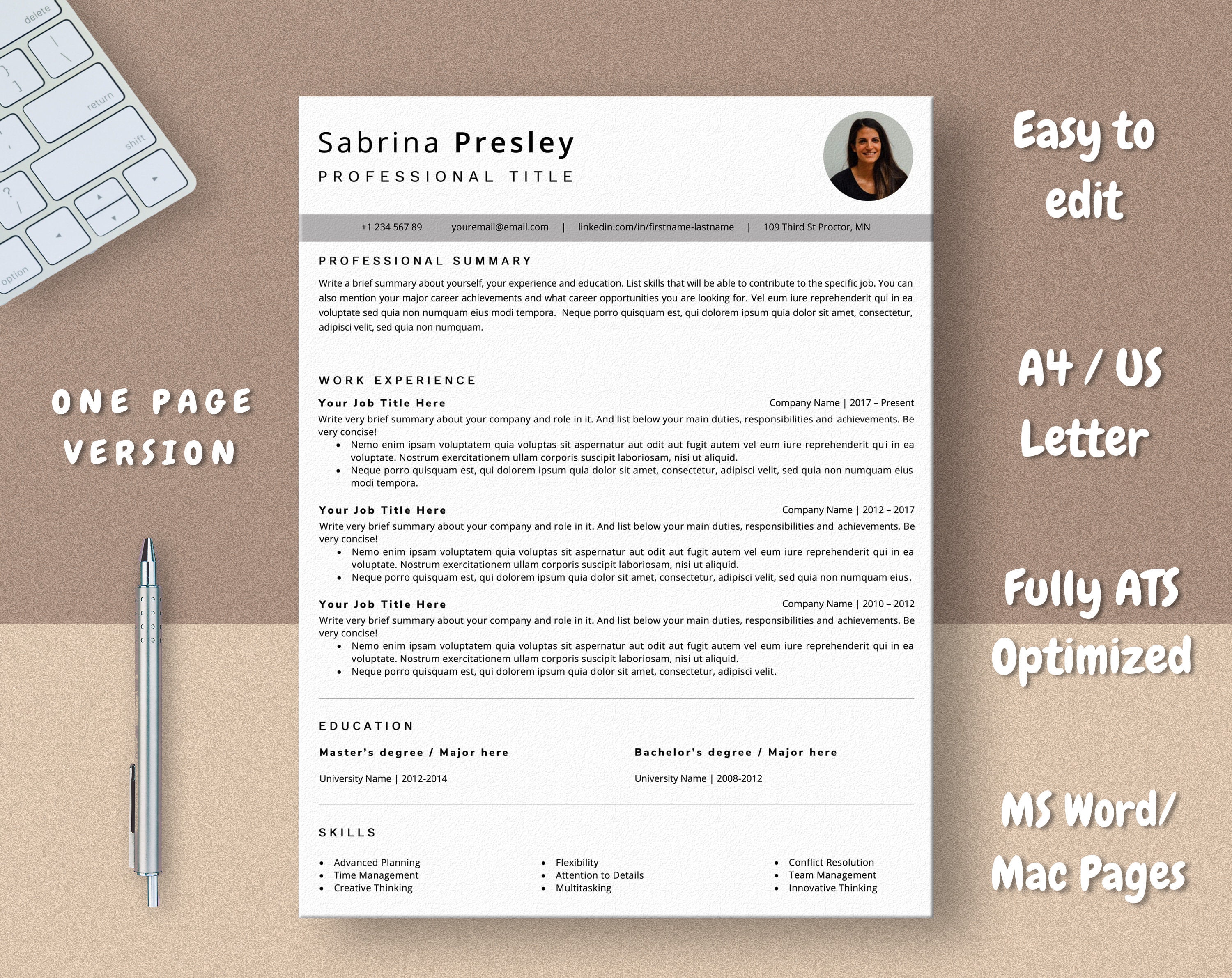 ATS Optimized Resume Template, ATS Friendly CV Template for Word, Mac ...