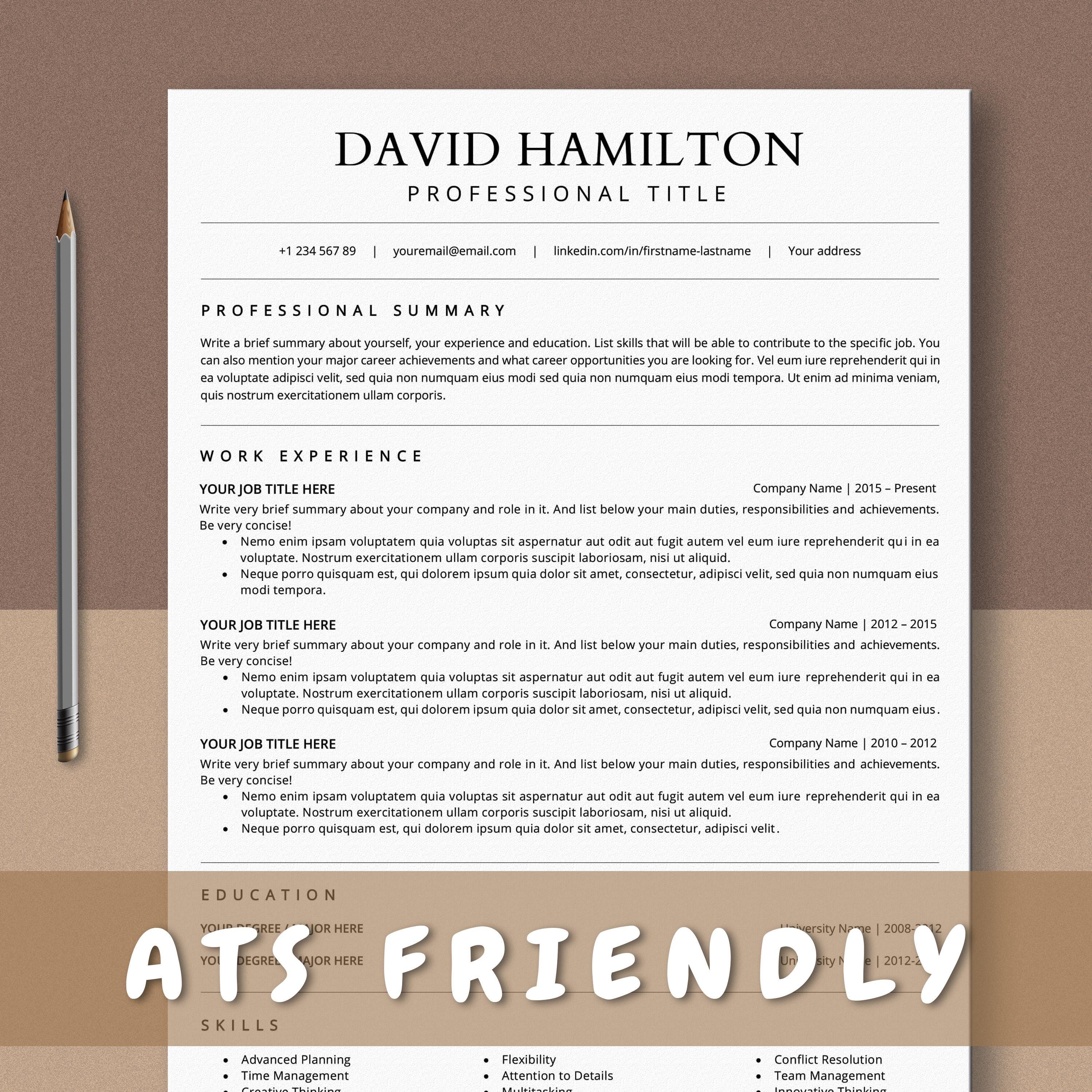 ATS Resume Template, Professional CV, Cover Letter, References (word ...