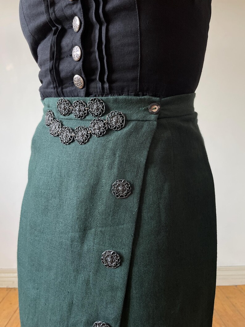 Saia vintage de linho verde | Mini-saia de linho Folk Trachten | SM ...