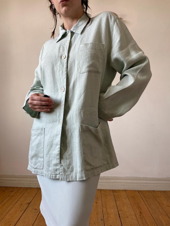 90s vintage dusty blue linen shirt | relaxed oversize… - Gem