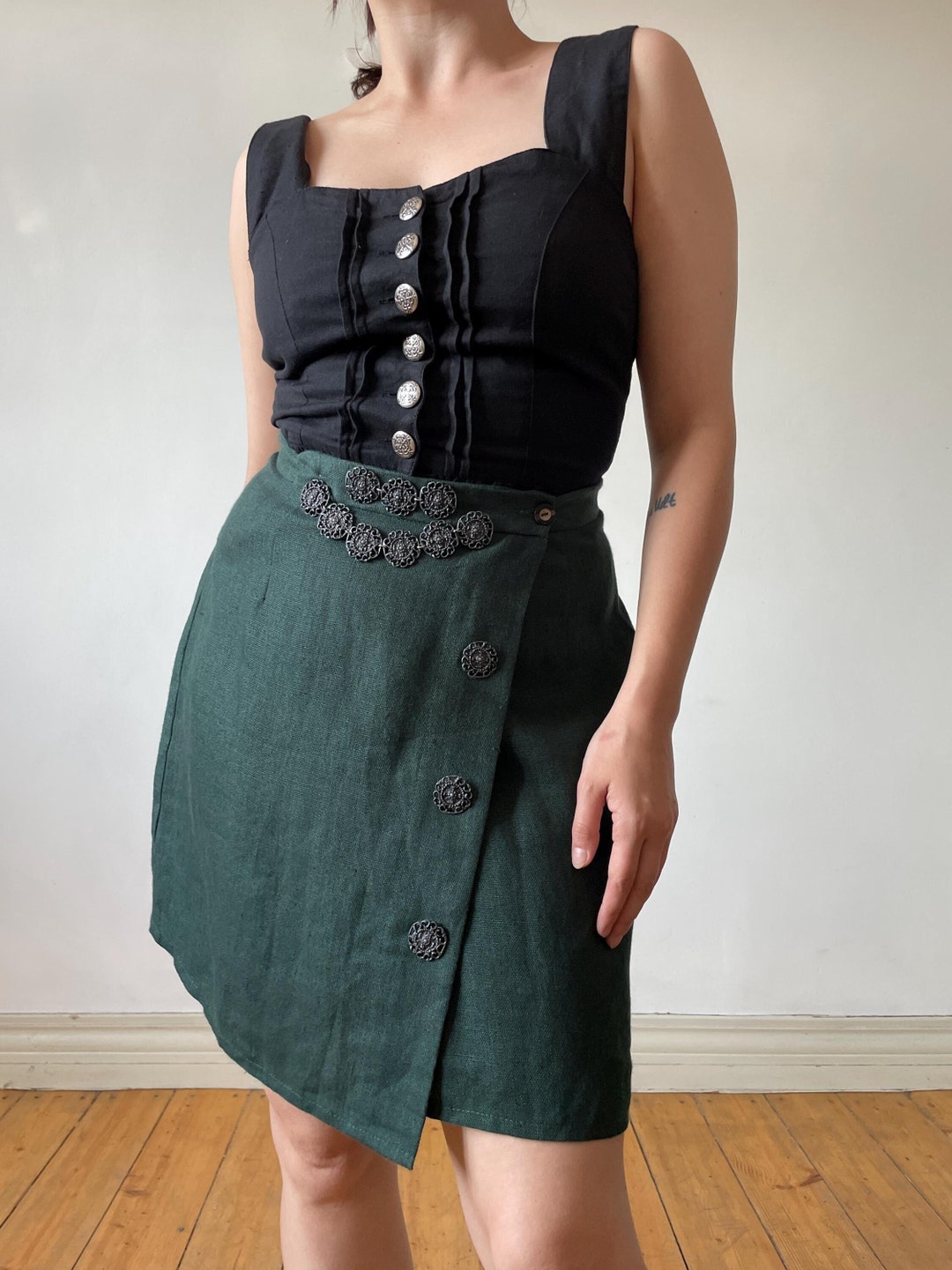 Saia vintage de linho verde | Mini-saia de linho Folk Trachten | SM ...
