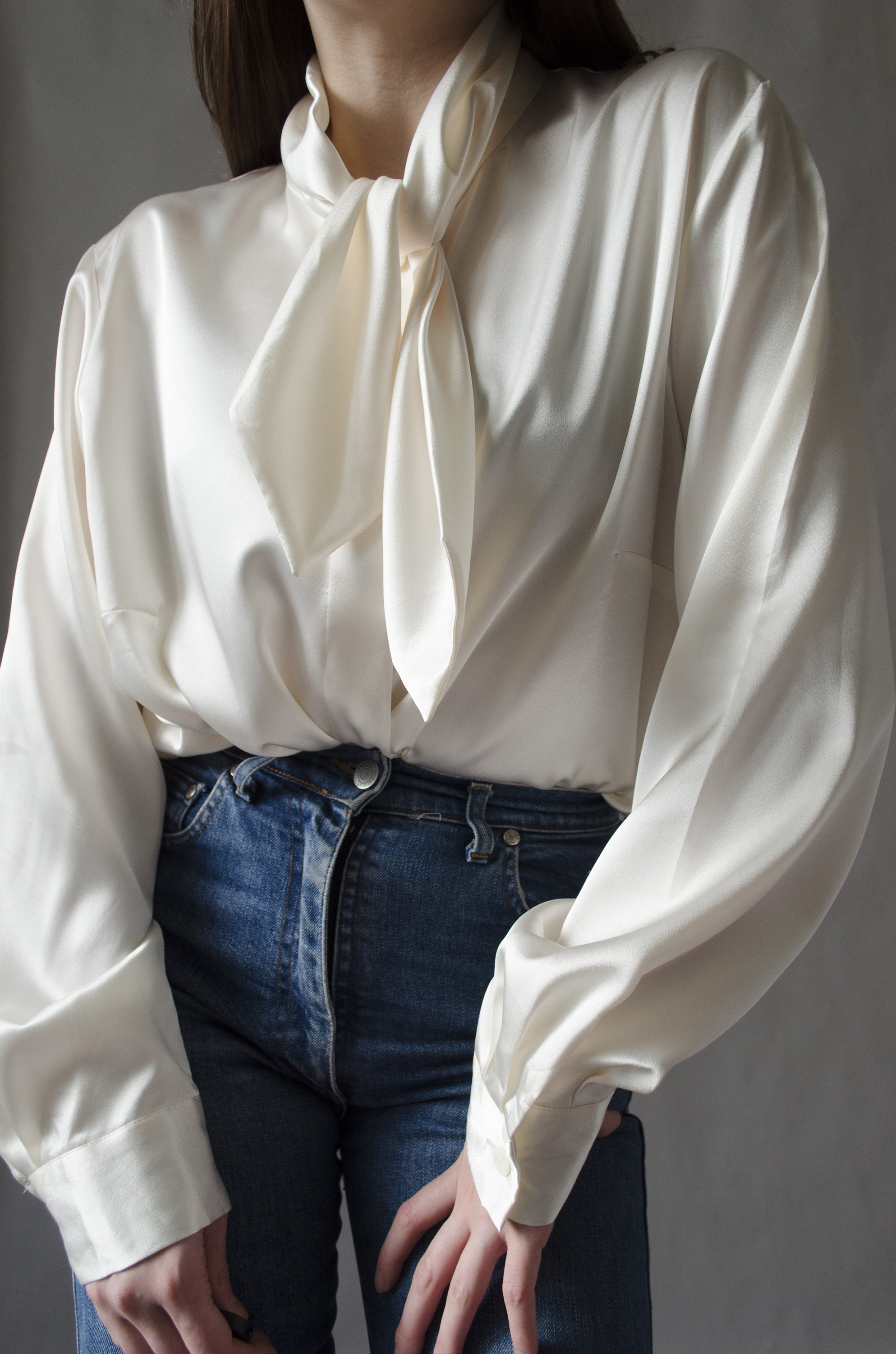 90s Ivory Satin Blouse Vintage White Shiny Blouse, Tie Neck Blouse ...