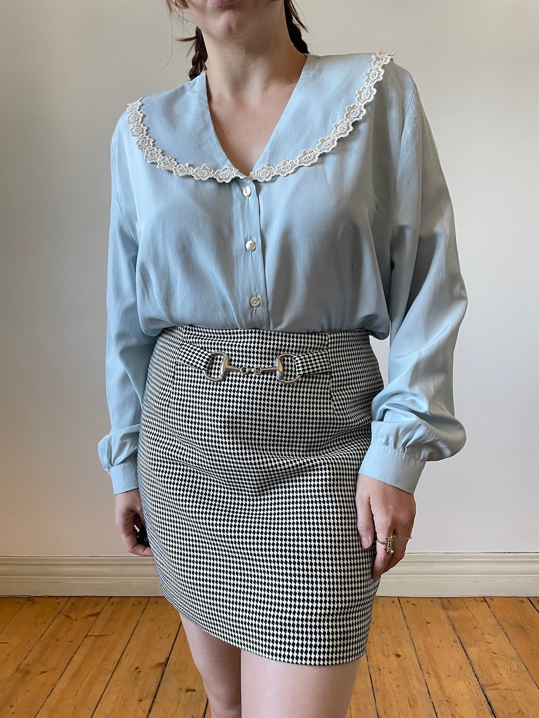 Vintage Big Collar Blouse Dusty Blue Retro Blouse, Peter Pan Collar ...