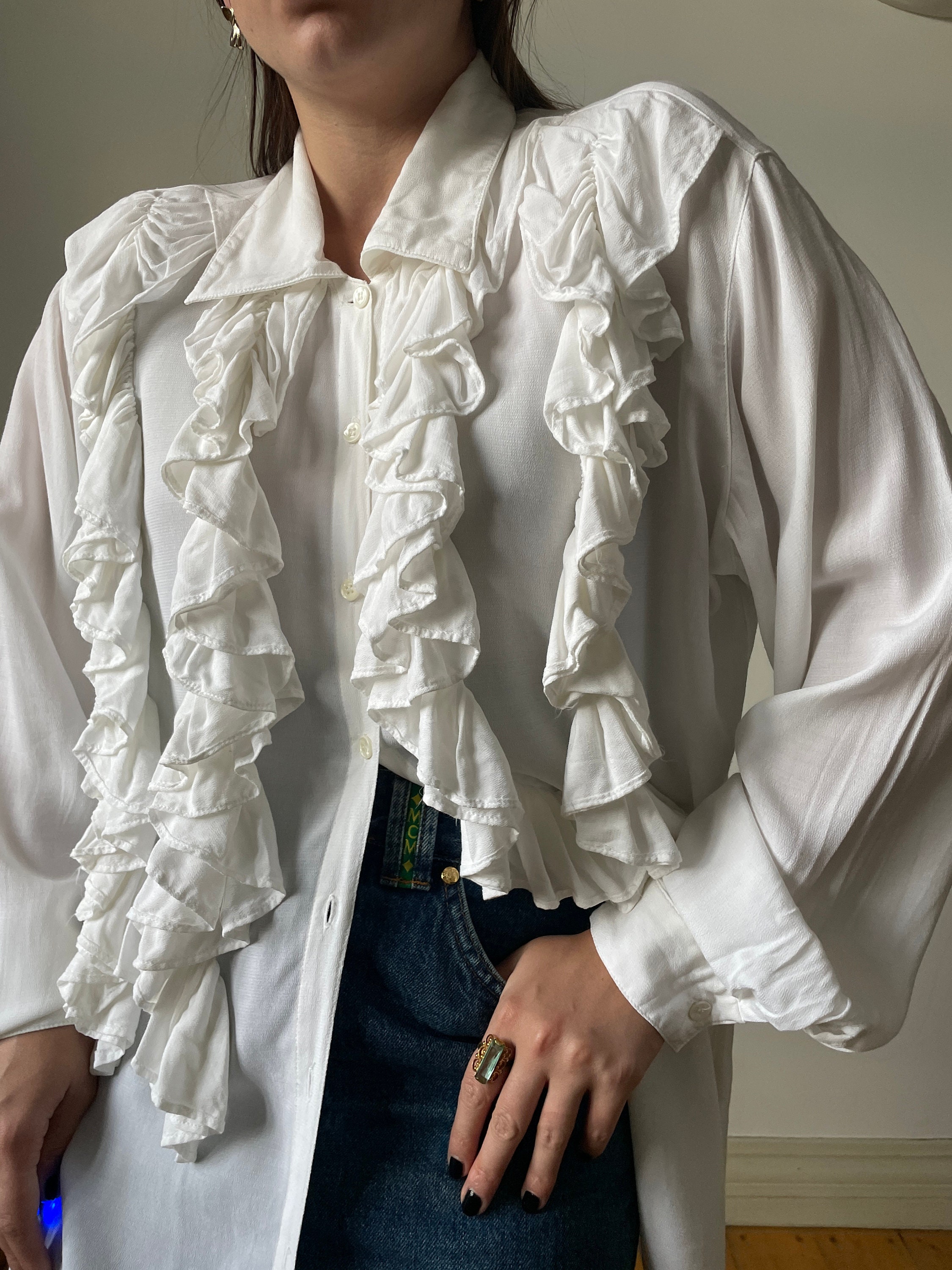 90s Vintage White Ruffle Blouse Elegant Poet Blouse With - Etsy