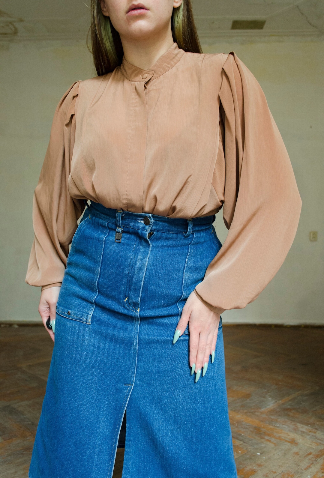 80s Vintage Poet Sleeve Beige Blouse, Romantic Wide Sleeve Blouse XS M ...