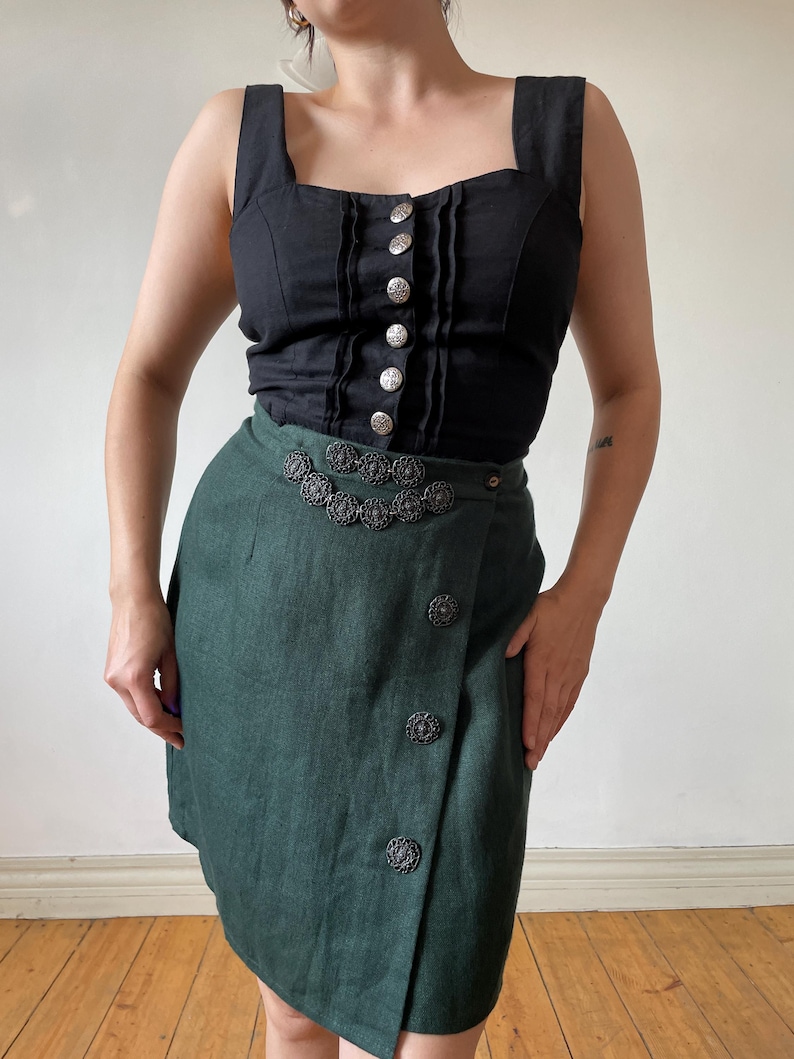 Saia vintage de linho verde | Mini-saia de linho Folk Trachten | SM ...