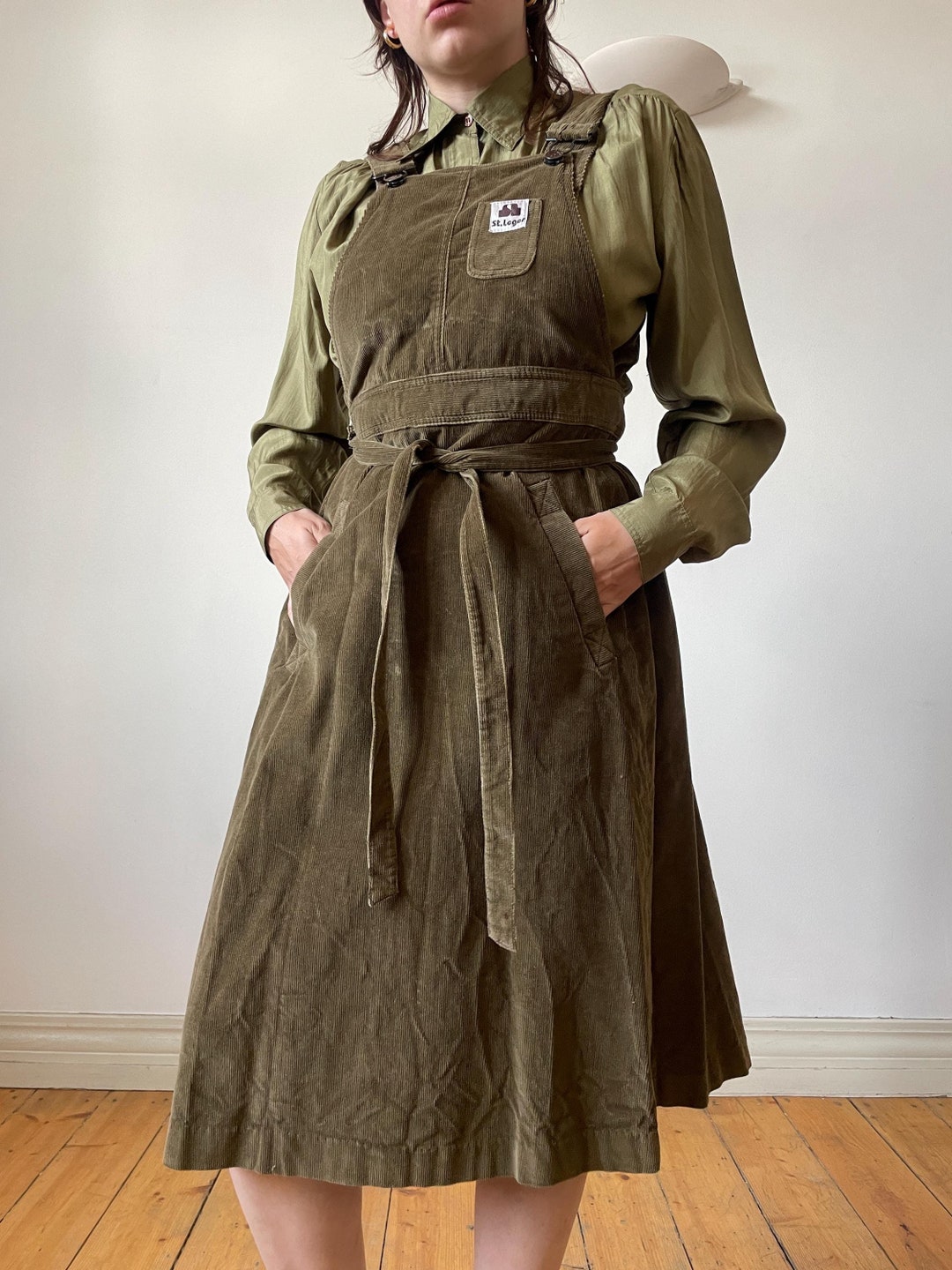 Vintage Green Pinafore Dress Olive Green Corduroy Pinafore Dungaree ...