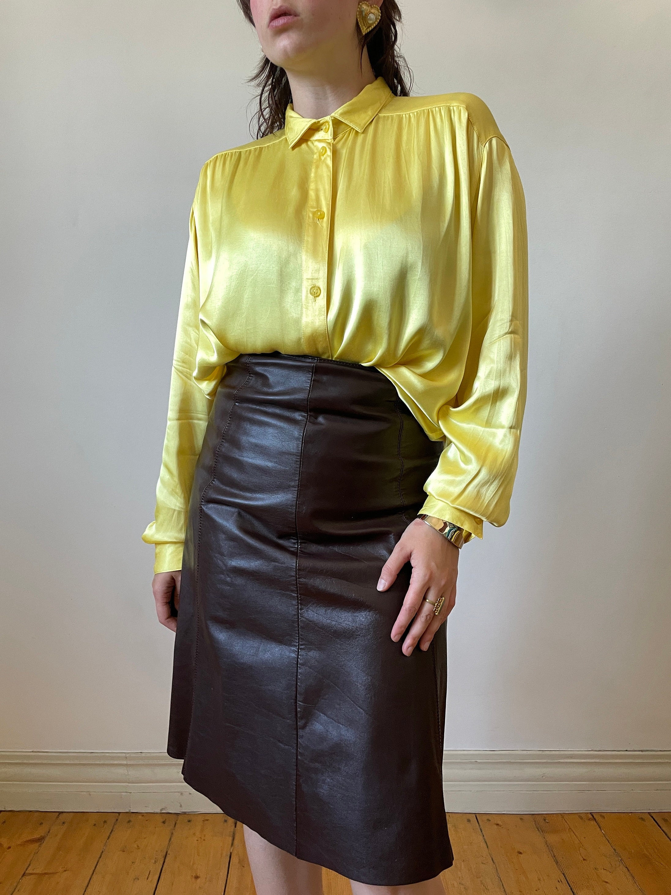 Vintage Yellow Satin Blouse | Elegant Satin Shine Yellow Long Sleeve ...