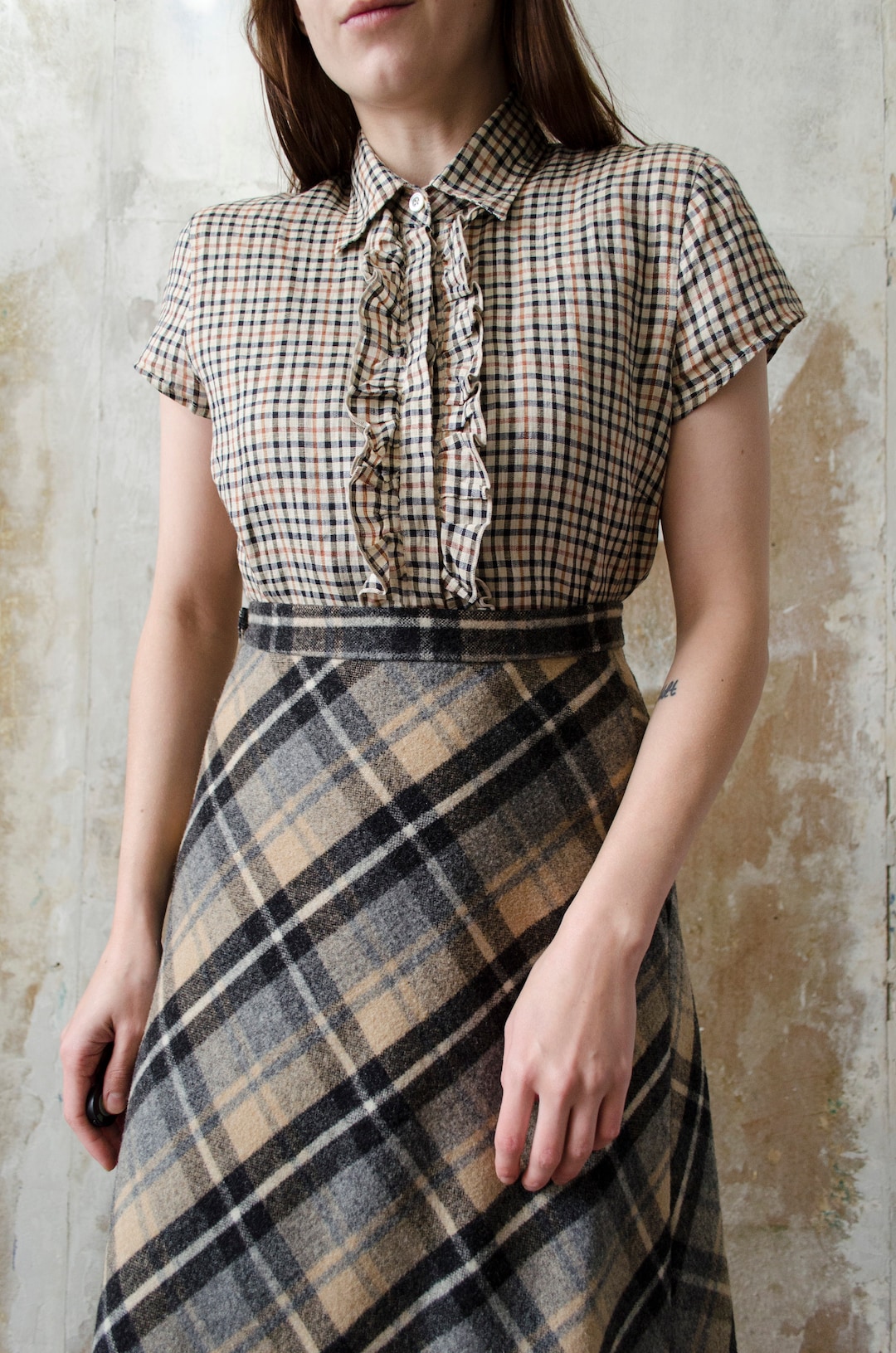 Vintage DAKS Plaid Ruffle Blouse, Collared Preppy Plaid Check Blouse ...