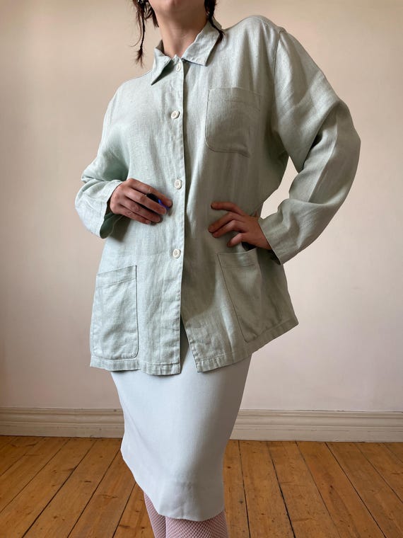 90s vintage dusty blue linen shirt | relaxed oversize… - Gem