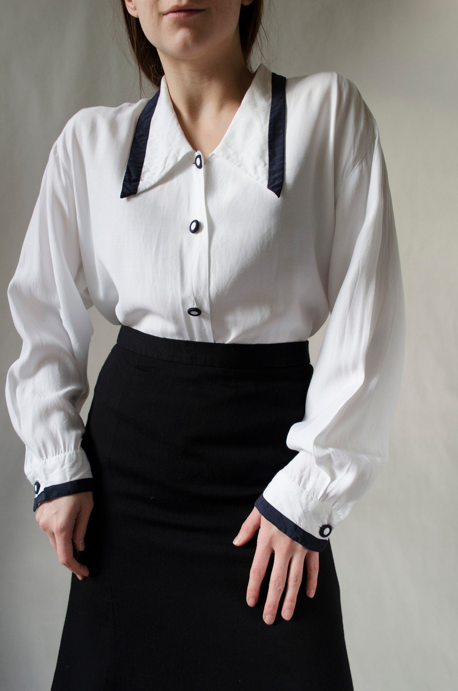90s Vintage Sailor White Blouse | White and Navy Blue Blouse, Romantic ...
