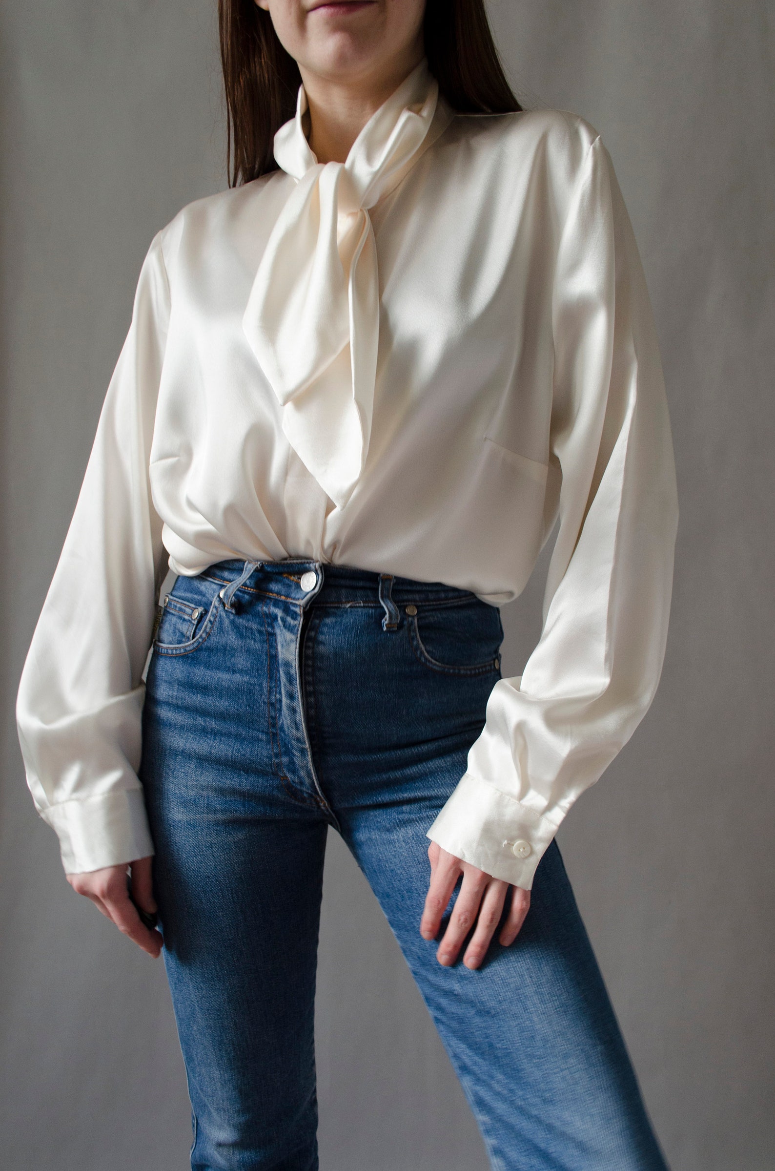 90s Ivory Satin Blouse Vintage White Shiny Blouse Tie Neck - Etsy