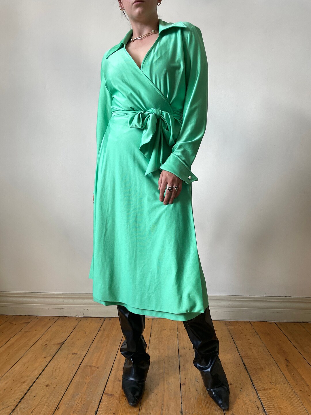 Vintage Green Wrap Dress | Retro Mint Green Dress, Long Sleeve Collared ...