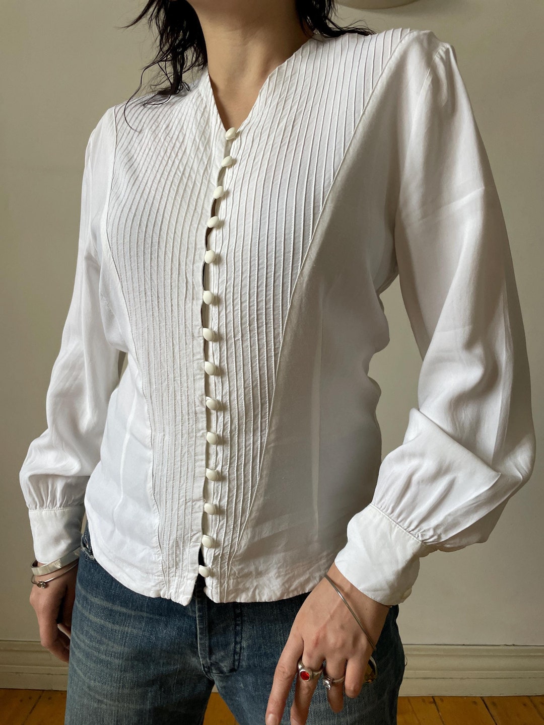 Vintage White Blouse | Pinstripe Stitch White Shirt, White Long Sleeve ...