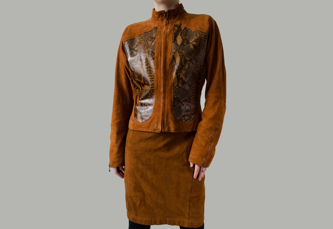 Vintage Suede Leather Co-ord Set, Two Piece Skirt Suit Set, Snake Print ...