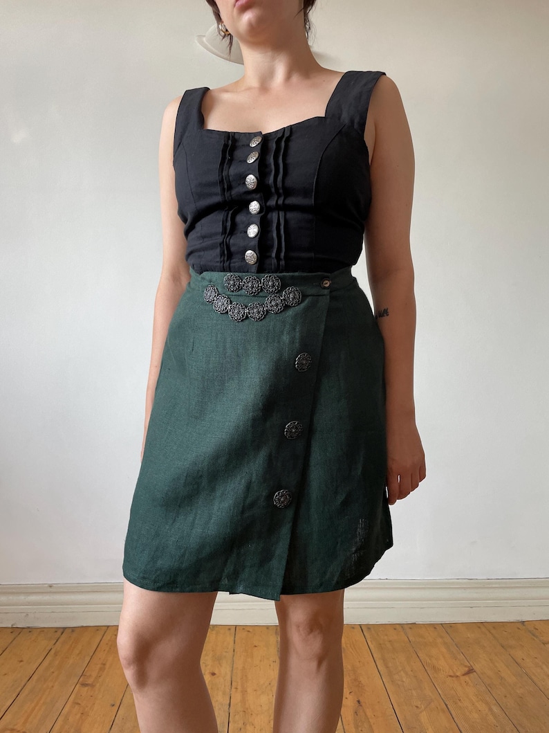Saia vintage de linho verde | Mini-saia de linho Folk Trachten | SM ...
