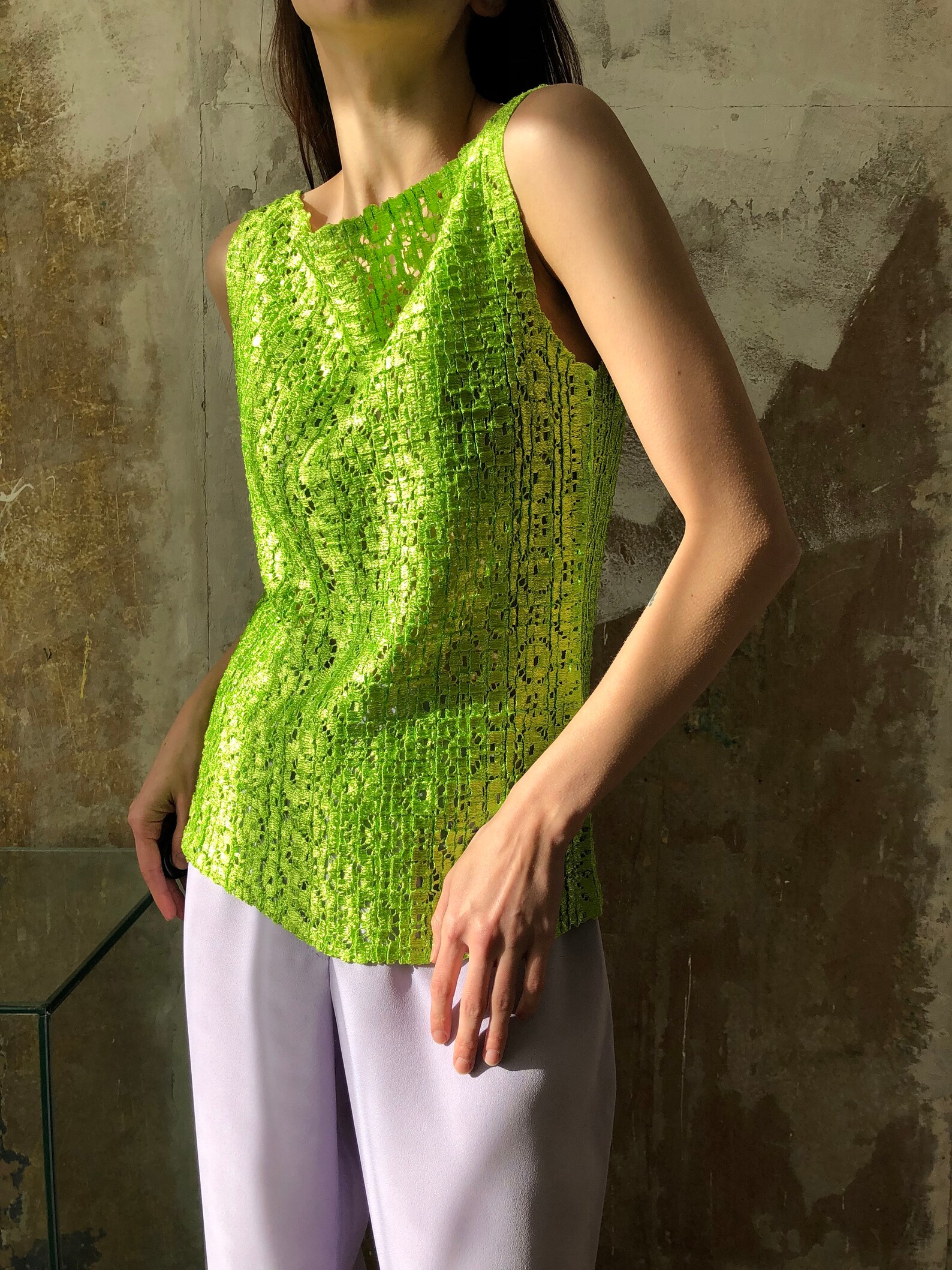 Vintage lime green top Floral crochet tank top Textured mod | Etsy