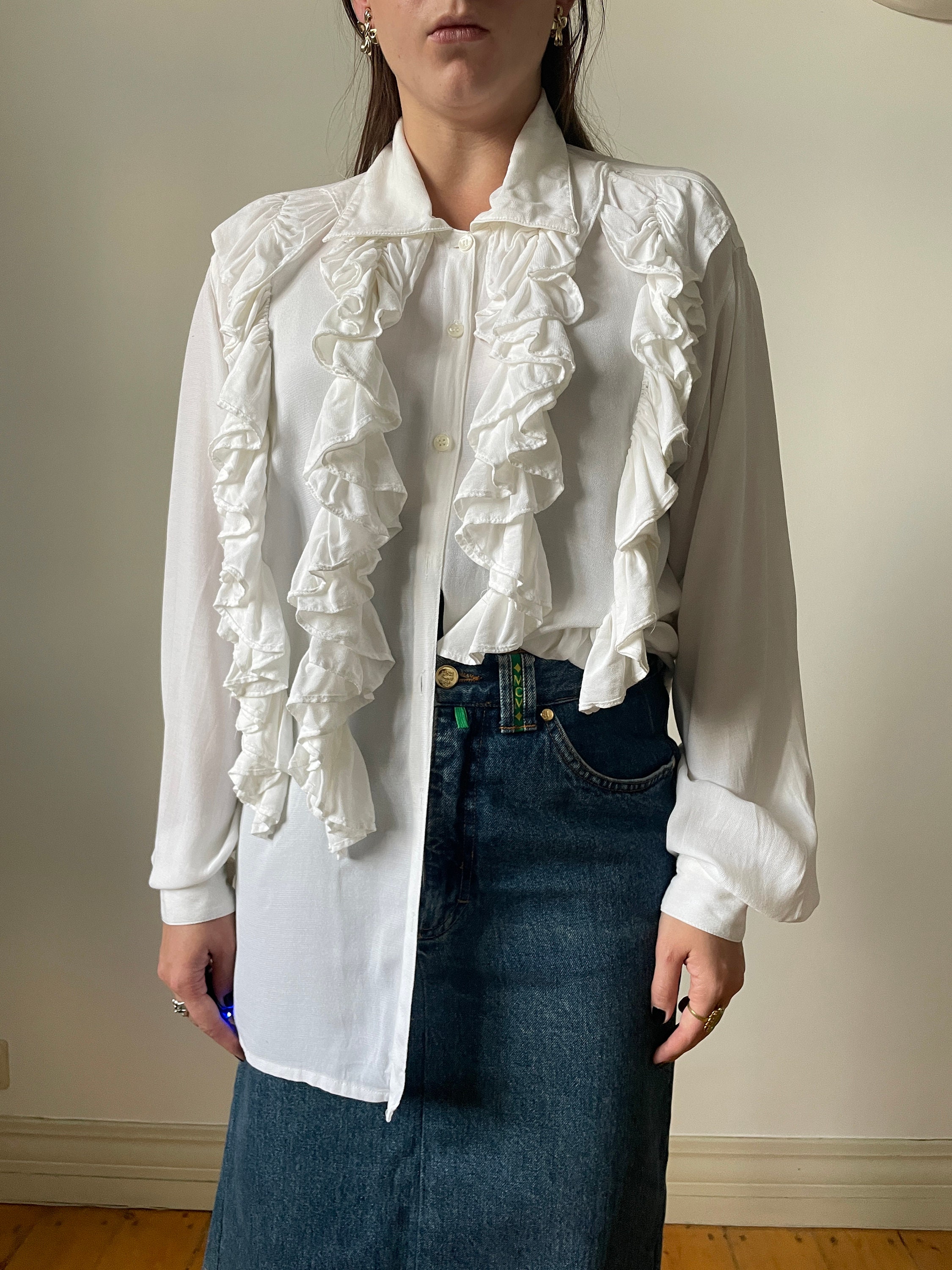 90s Vintage White Ruffle Blouse Elegant Poet Blouse With - Etsy