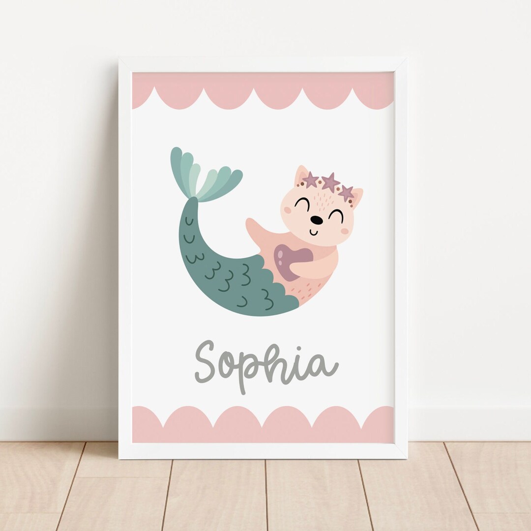 Personalised Named Mermaid Scallop Under the Sea Initial Print Children ...