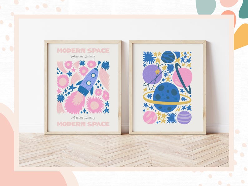 Girls' Space Print Set – Rocket, Planets, Abstract Nursery Art - Etsy