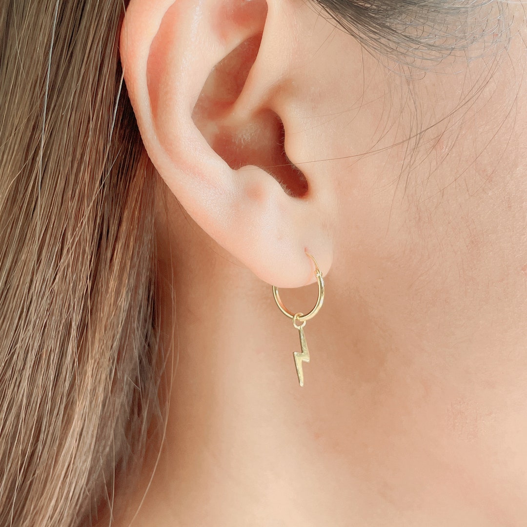 Gold Plated Lightning Bolt Charm Hoop | Sterling Silver Ear Hoops | 12 ...
