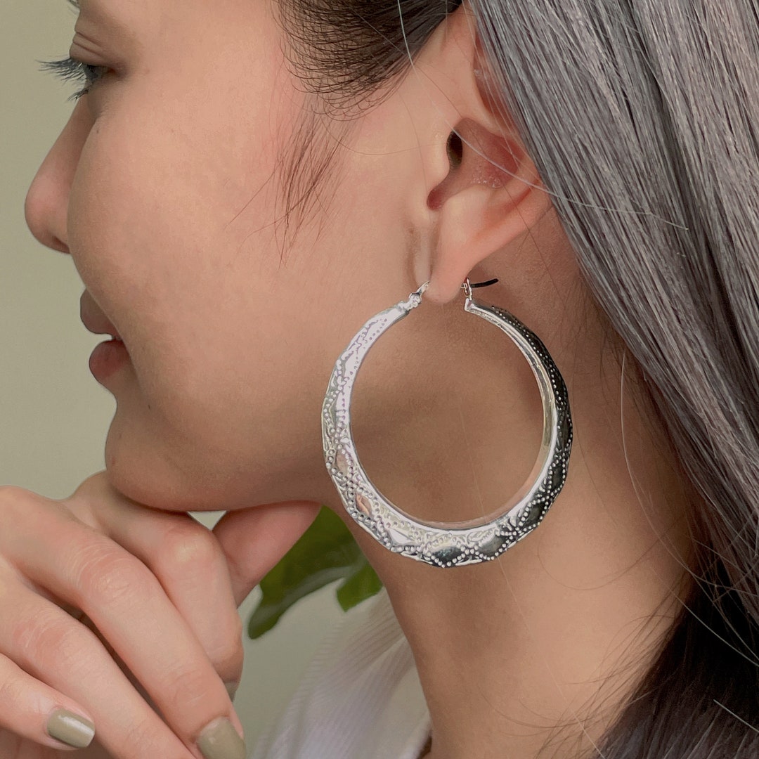 Sterling Silver Statement Hoops | Engraved Chunky Earrings | Broad Crescent Hoops | E977 - Etsy