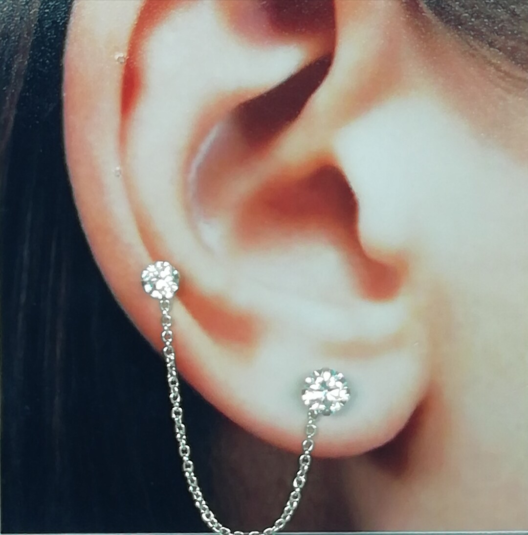 CZ Ear Studs With Chain Ear Chains Jacket 925 Silver Stud - Etsy