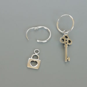 Sterling Silver Lock and Key Charm Hoops | Silver Charm Hoop Earrings ...