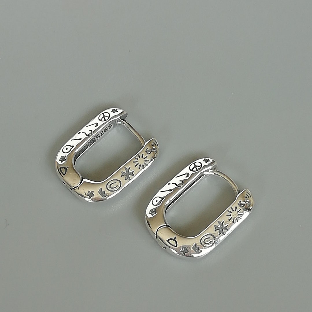 Sterling Silver Rectangle Hoops With Symbols Engraved Hoops Bohemian ...