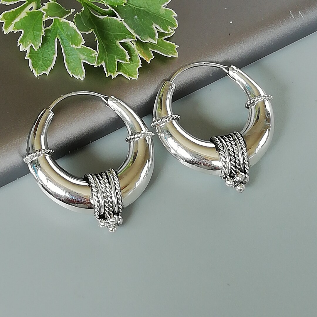 Sterling Silver Tibetan Hoops | 26mm Silver Hoops | Ethnic Silver Hoops ...