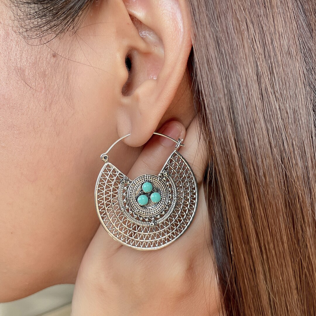 Large Ear Hoops | Turquoise Hoops | Sterling Silver Oxidized Hoops ...