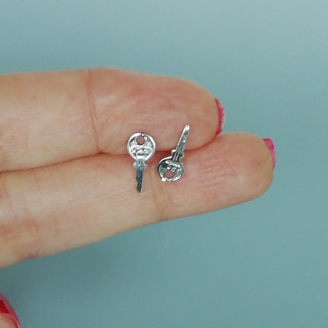 Key ear studs Sterling silver earrings Fun jewelry Tiny | Etsy